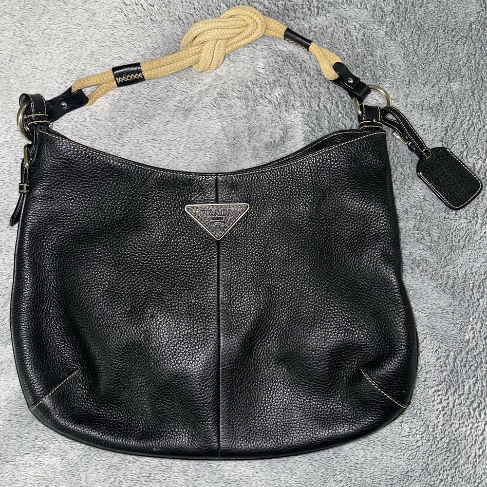 Authentic Prada Vitello Daino Black Rope Knot Hobo - Gem